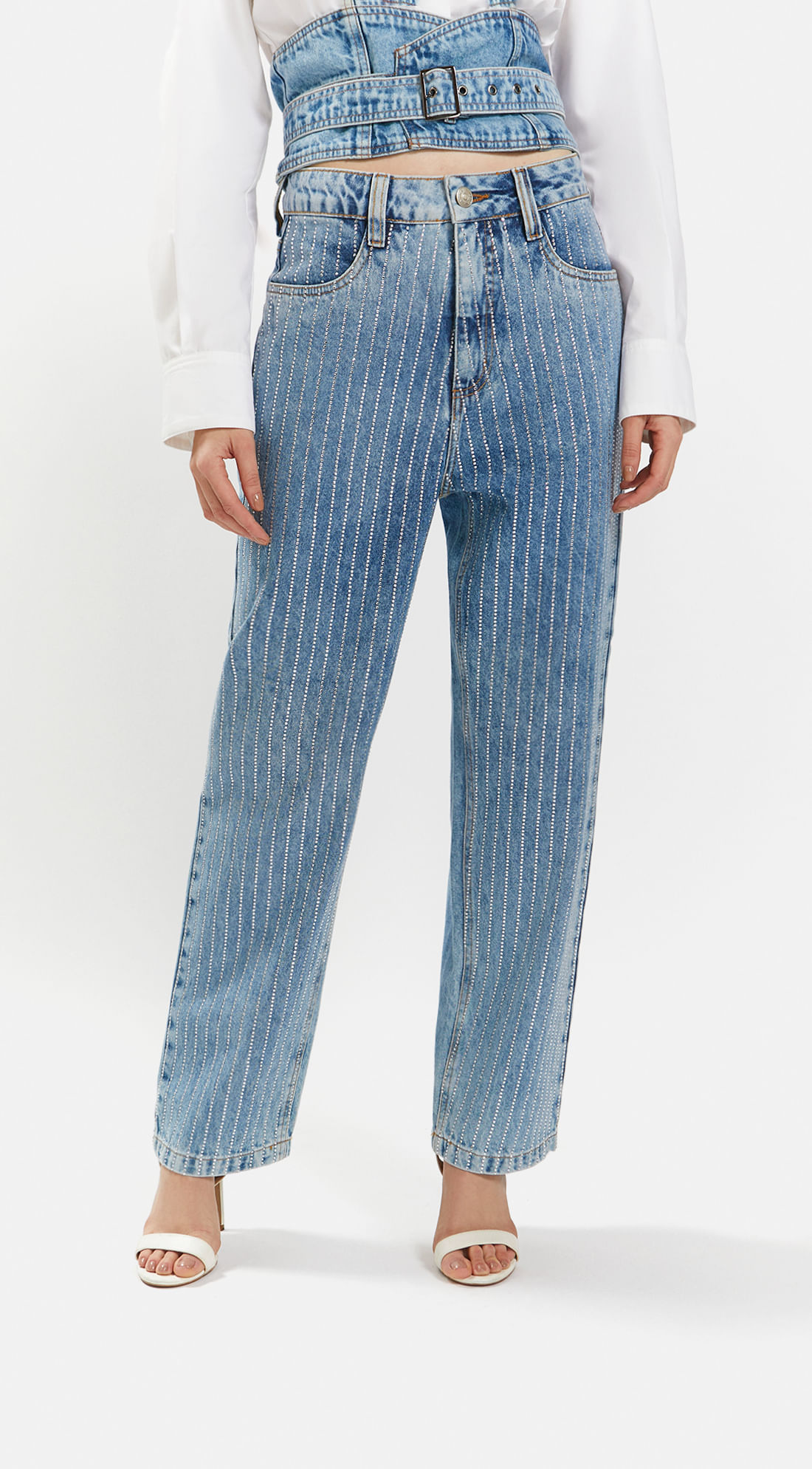 Calca Iódice Reta Cós Alto Com Termocolante Jeans