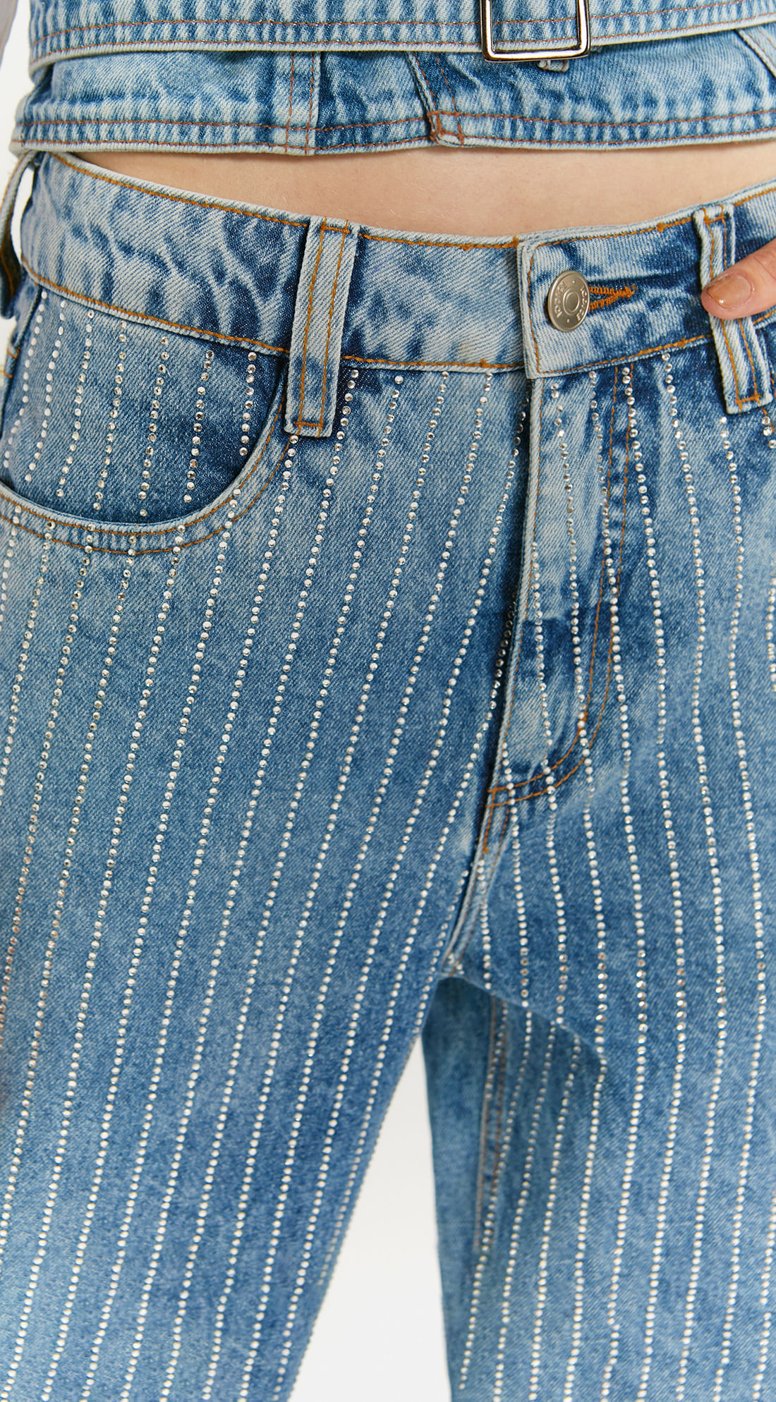 Calca Iódice Reta Cós Alto Com Termocolante Jeans